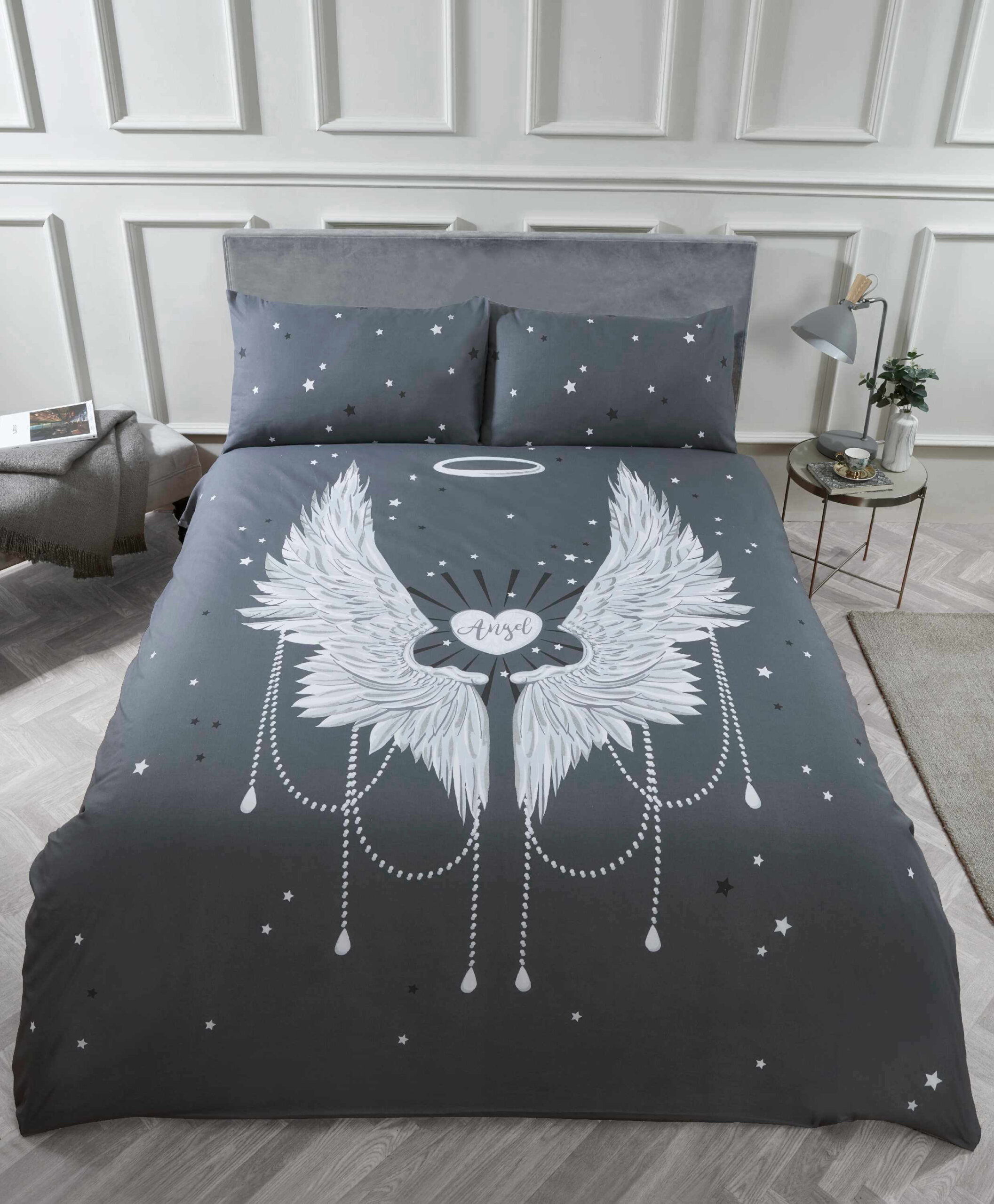 Angel Wings Foil Shine King Bed Duvet Set- Grey - The Bedlinen Company Cork